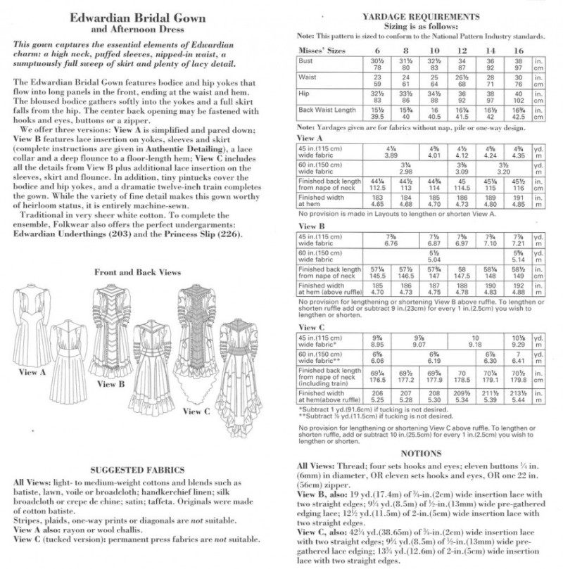 Folkwear Patterns Paper Sewing Pattern Edwardian Bridal Gown | Minerva